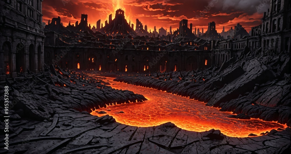 lava river to gothic castle with molten magma under a blood red sky ...