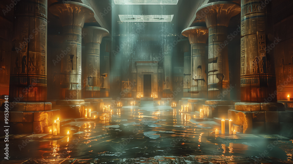 Ancient Egyptian temple illuminated by glowing pillars and mystical ...