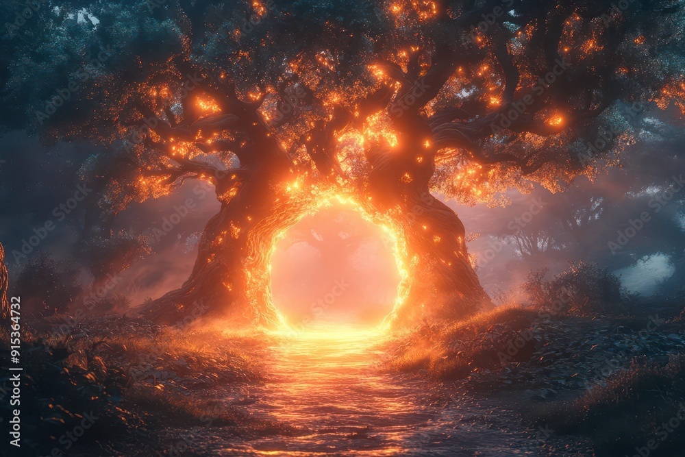 mystical glowing portal in an enchanted forest framed by ancient twisted trees ethereal mist ...