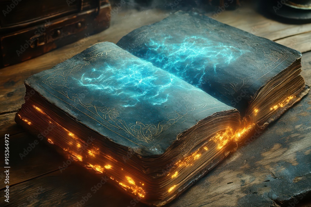 mystical open grimoire with glowing runes and swirling dark mist ...