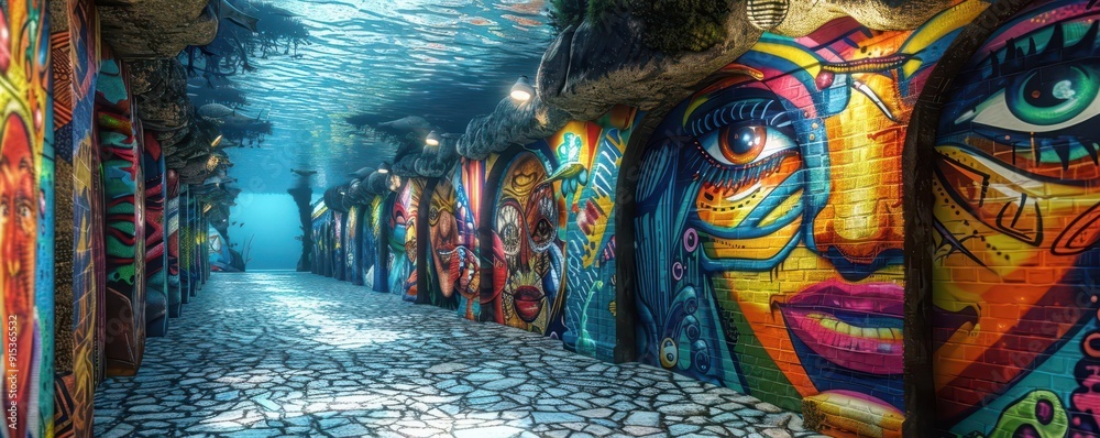 Merge underwater wonders with street art in a photorealistic scene of ...