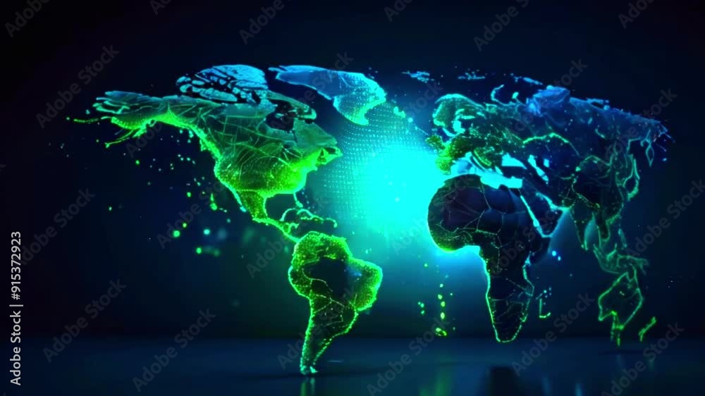 A glowing green and blue 3D wireframe world map with a futuristic ...