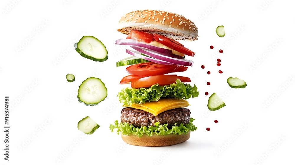 Burger with flying ingredients. Delicious monster Hamburger ...