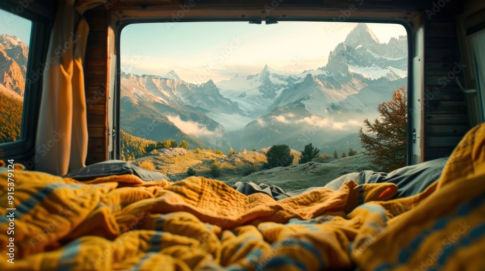 Warm sunlight filters through an open camper van, revealing ...
