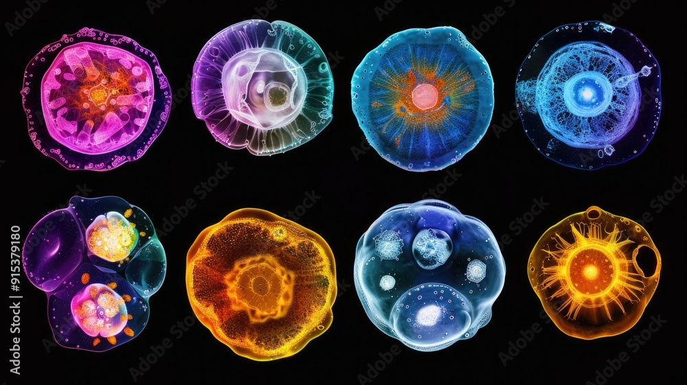 A series of cells in various stages of mitosis, illustrating the ...