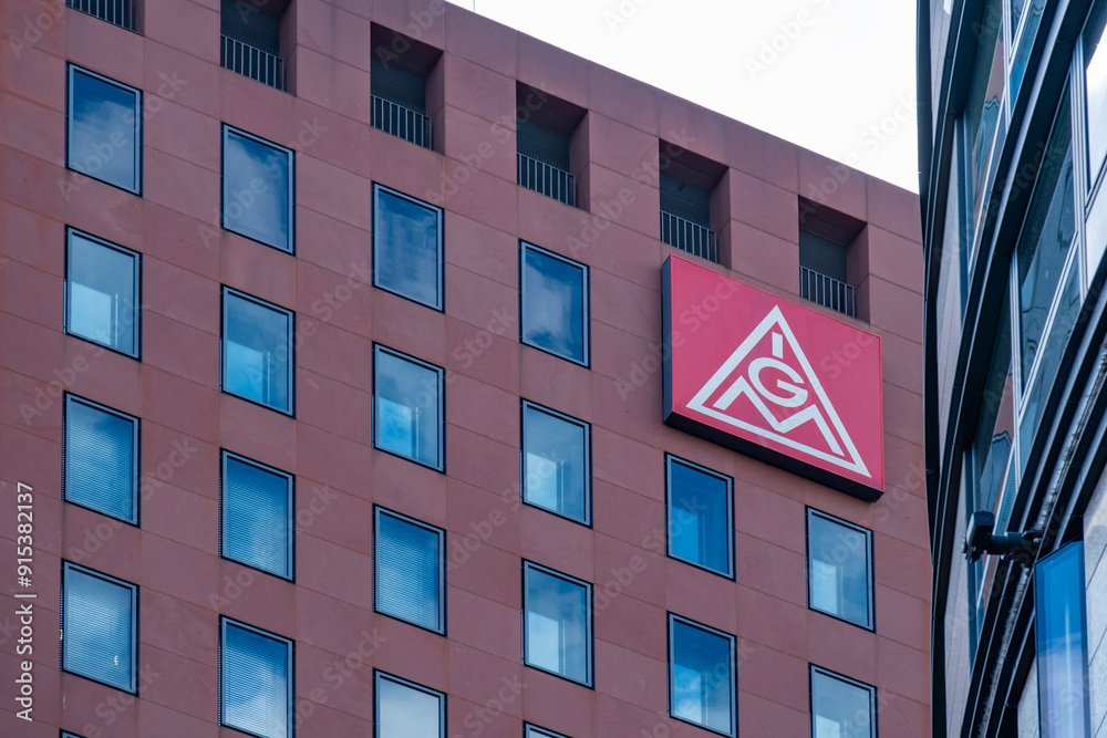 Red IGM sign IG Metall logo, German dominant metalworkers union on ...