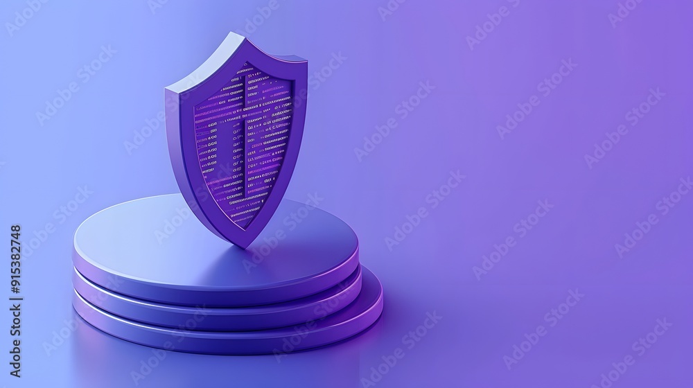 3D illustration of a shield icon on a podium with purple and blue ...