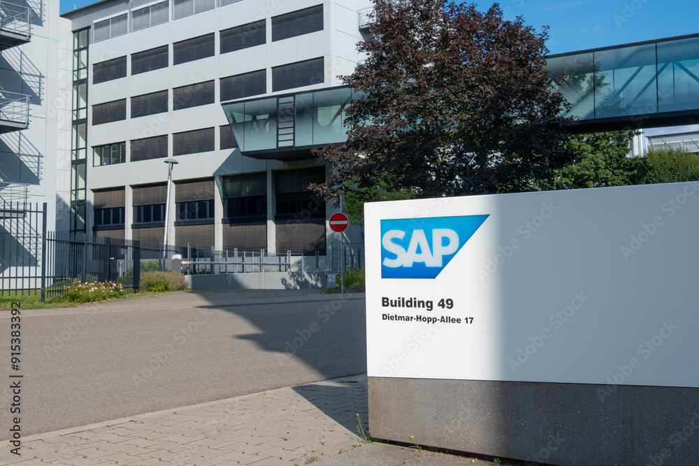 SAP SE logo prominently displayed on modern corporate facade, SAP ...