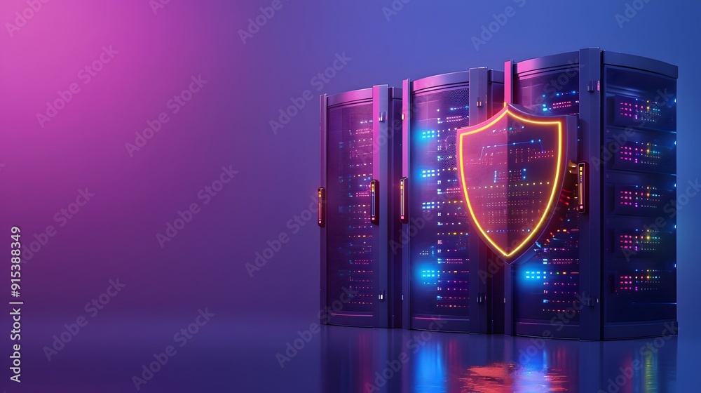 Cybersecurity concept with a shield icon on server racks, symbolizing ...