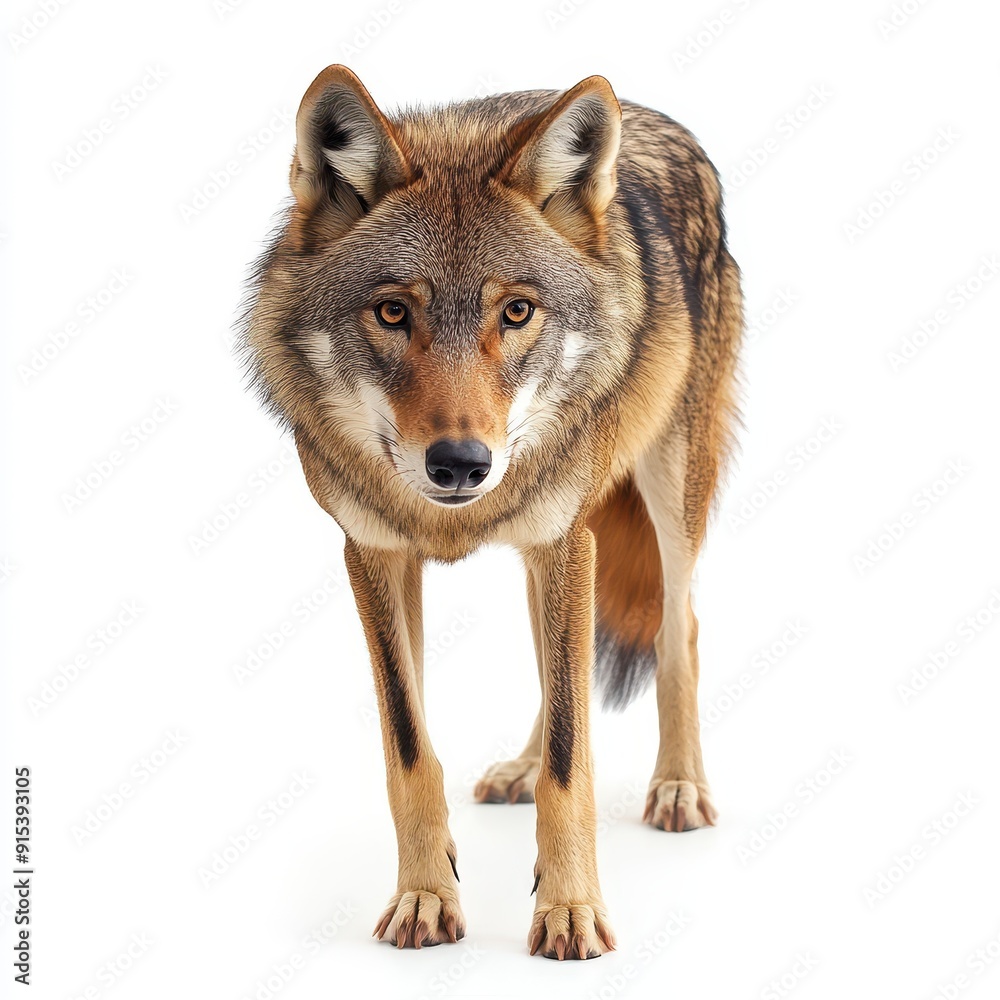 African golden wolf standing on a white background in a natural pose ...