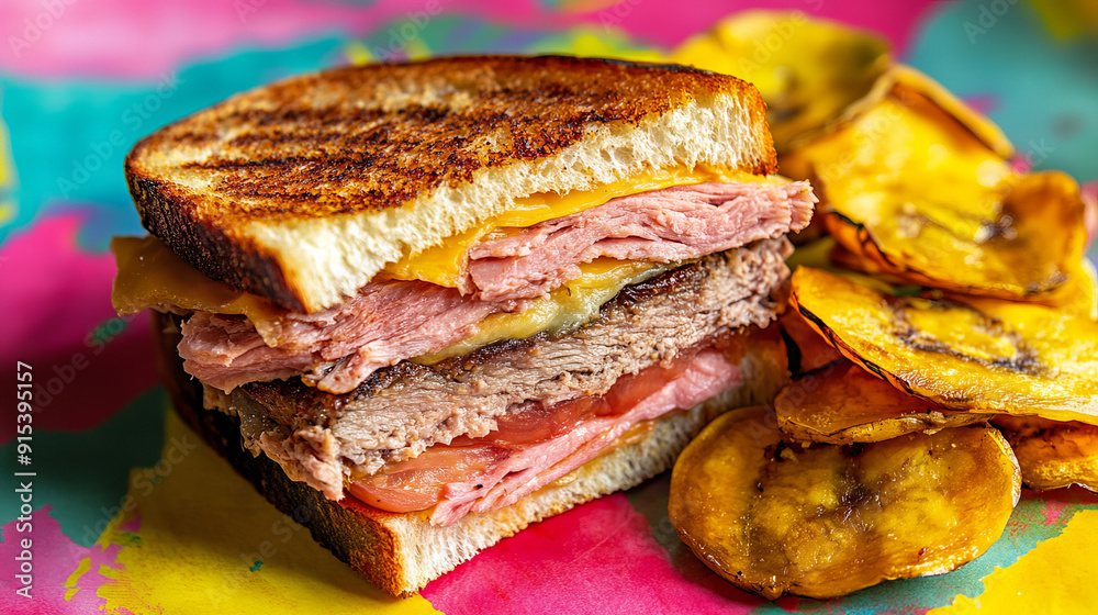 A Cuban sandwich paired with a side of golden plantain chips, with the ...