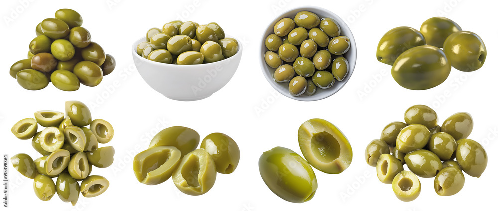 Green olive olives fruit vegetable, many angles and view side top front ...