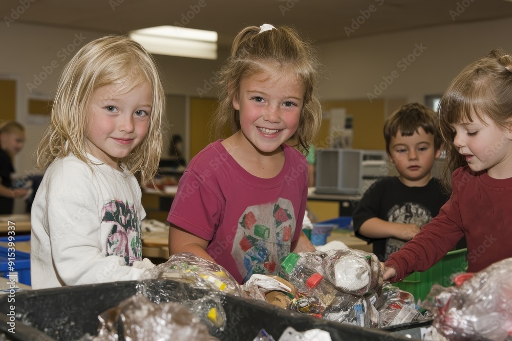 A group of young children happily engage in sorting waste materials ...