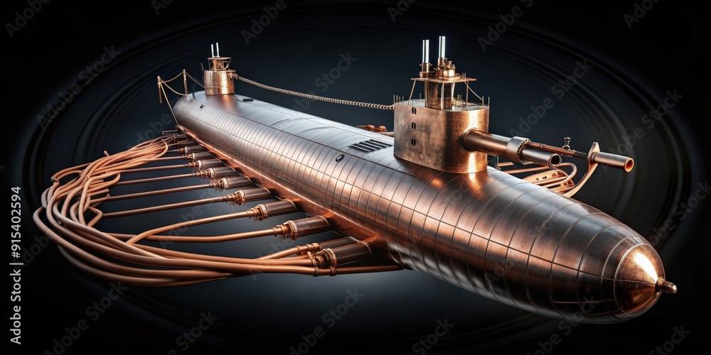 Armored submarine copper electric cable on black background, armored ...
