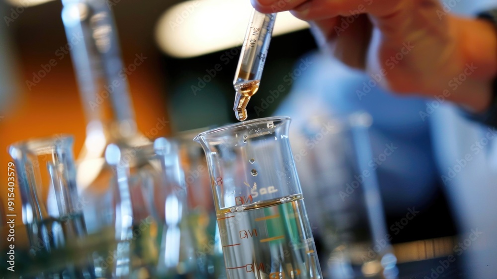 A scientist carefully adding a drop of indicator to a titration flask ...
