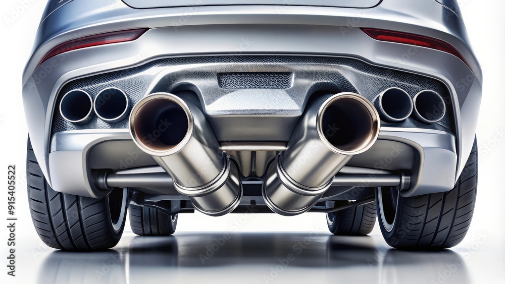 Exhaust pipes system on engine back view without shadow on white ...