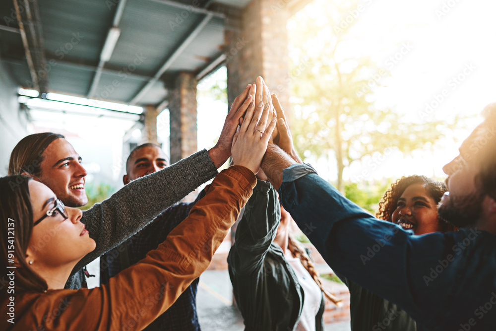 Students, group or hands together at college with support for study ...