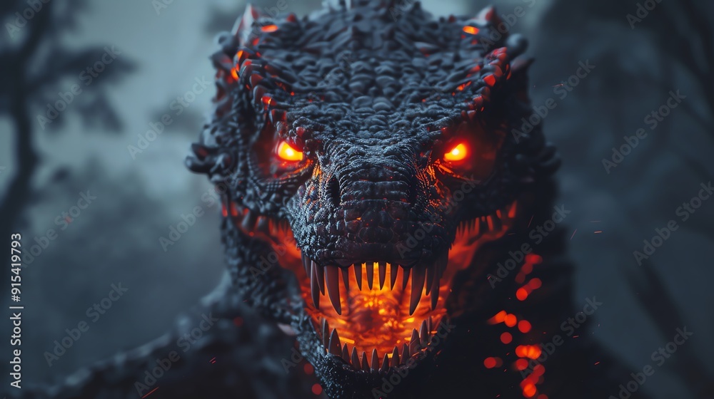 Ferocious beast with glowing eyes in a dark forest, Monster creature ...