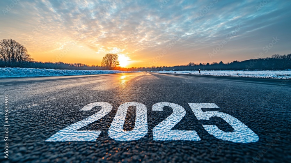 With a bright sun sky background, a text with the year 2025 written in ...