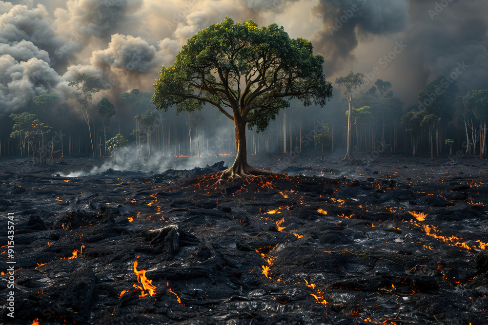 Green tree survived forest fire. Flames engulf tropical forest, burnt ...