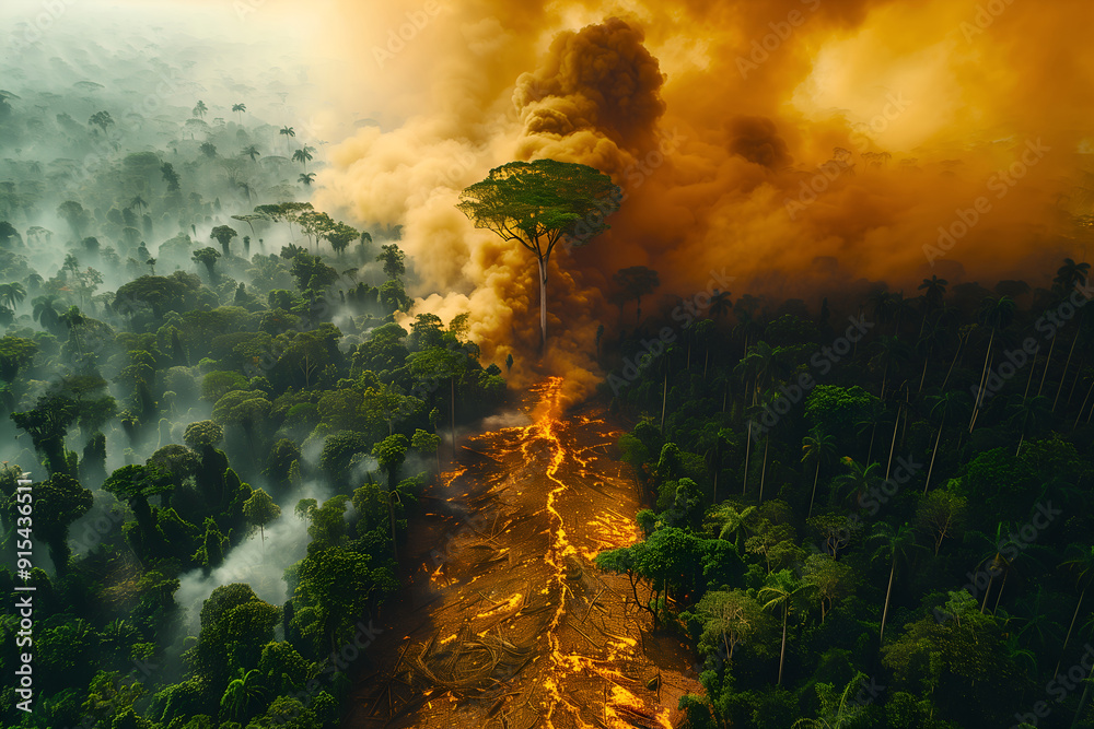 Fire in deforested green tropical rain forest. Center of forest has ...