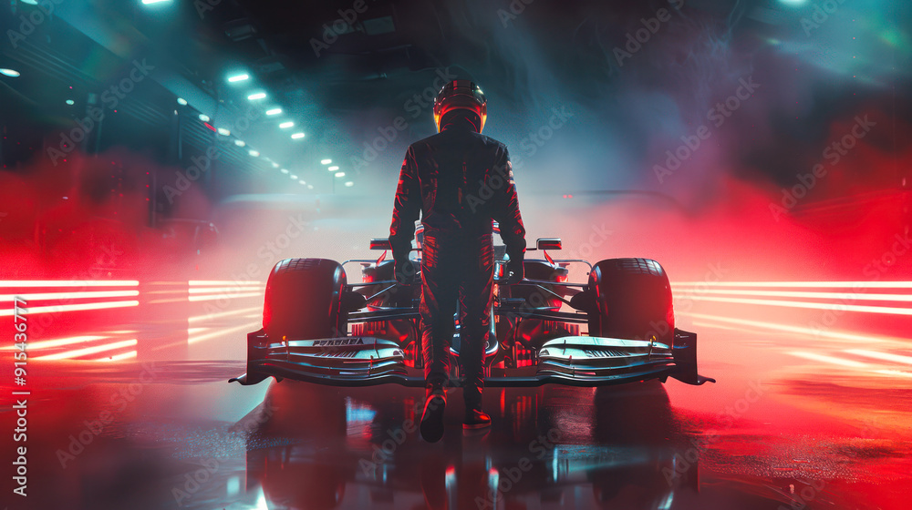 New Formula one pilot going to his racing car in box with neon lights ...