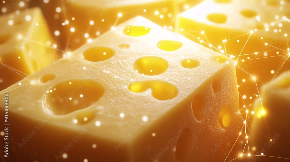 A detailed view of tech cheese featuring glowing nodes and digital ...