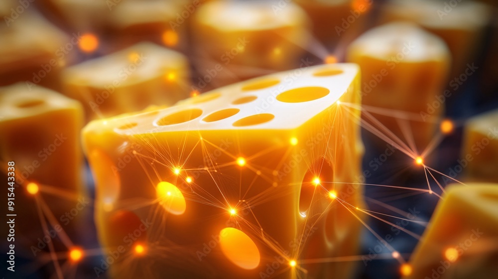 A futuristic image of tech cheese with digital patterns and glowing ...