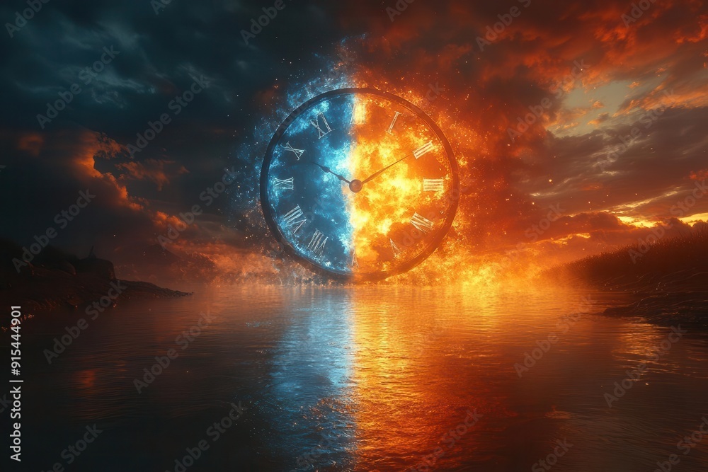 surreal clock face melting into flowing river of time seasons changing ...