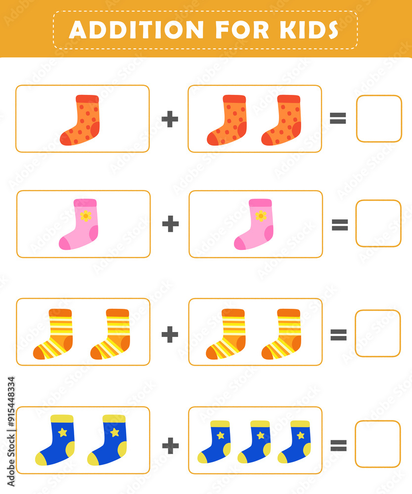 Preschool addition worksheet with cute socks illustration. Math ...