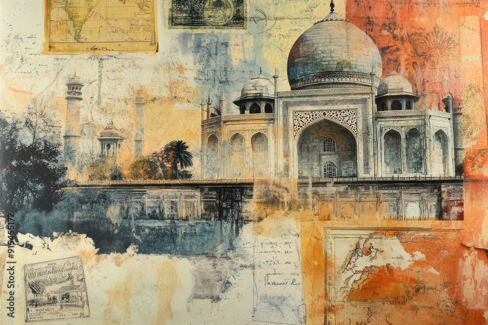 Mystical Blend of Taj Mahal with Historical and Artistic Collage Stock ...