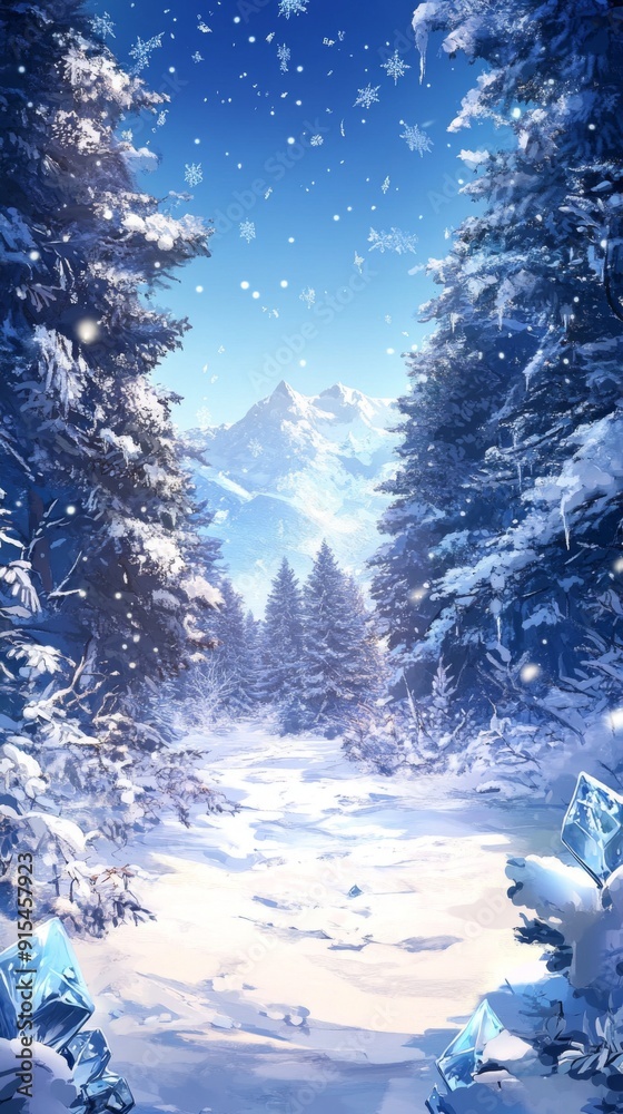 Winter's Tale: Anime-Style Snowscape with Icicles and Snow-Covered ...
