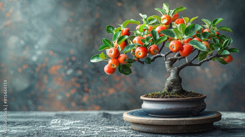 Apple bonsai with small fruits and lush green leaves, presented on a ...