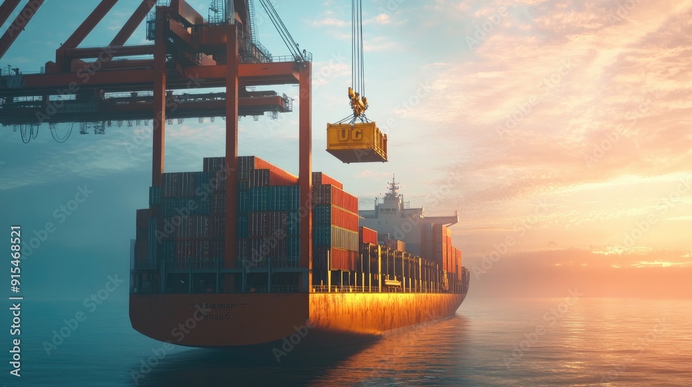 A cargo ship with a crane lifting a container off its deck, showcasing ...
