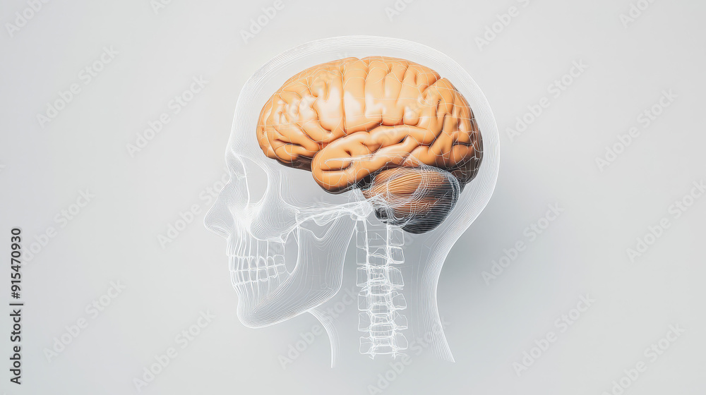 3D rendering of the human cranial cavity showing brain and skull, [3D ...