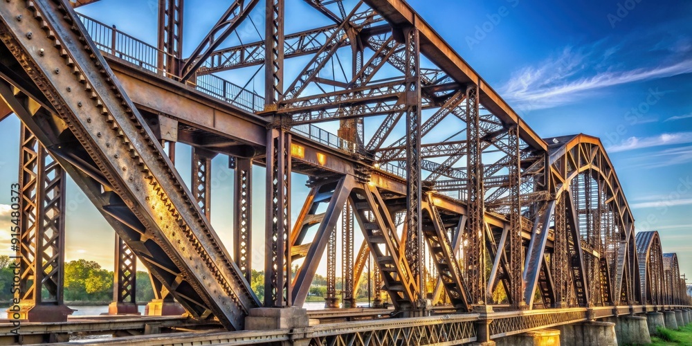 A detailed photo of a railway bridge with intricate steel trusses ...