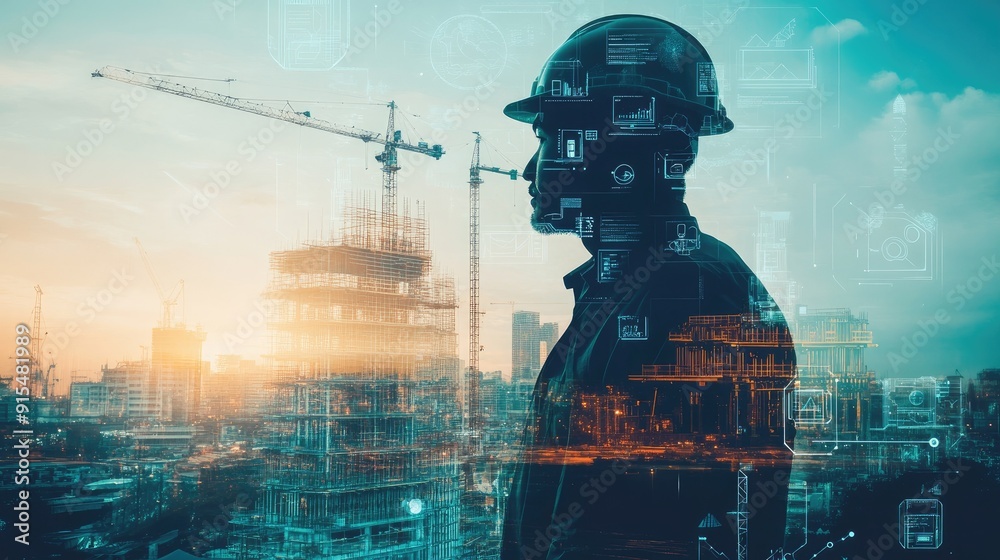 Engineer uses digital tech icons in double exposure with construction ...