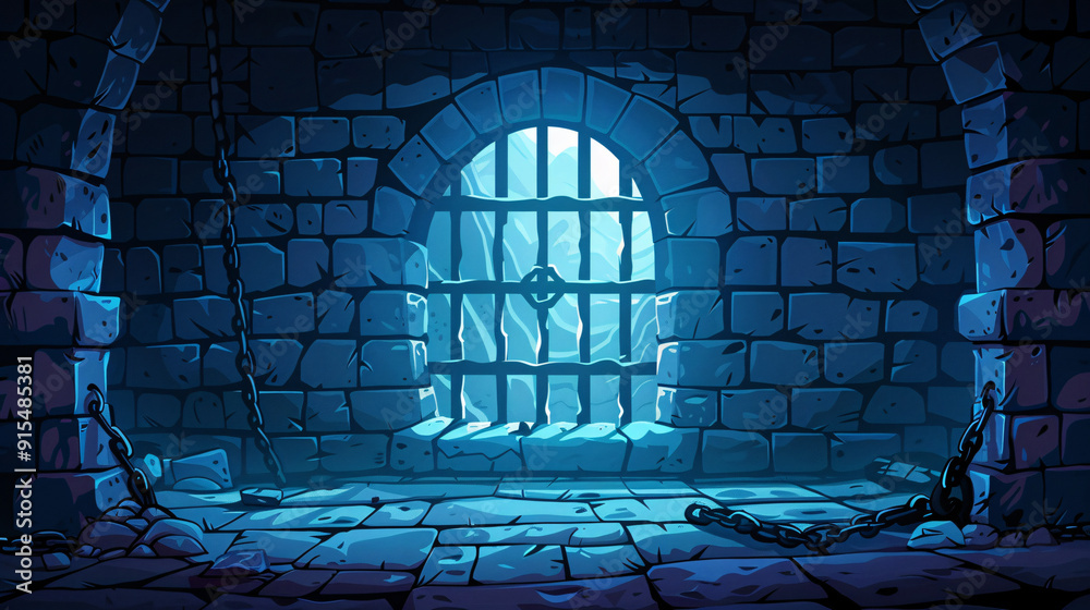 Flat cartoon-style illustration of a medieval castle dungeon, featuring ...