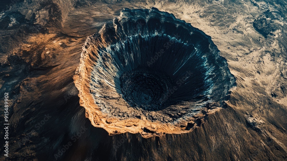 Top view of a volcanic caldera with a series of concentric craters and ...