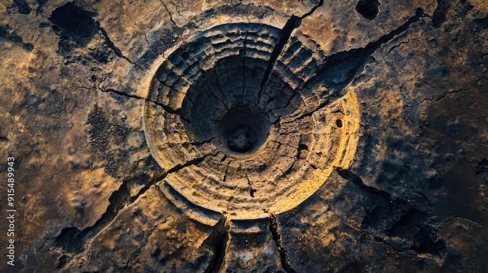 Top view of a volcanic caldera with a series of concentric craters and ...