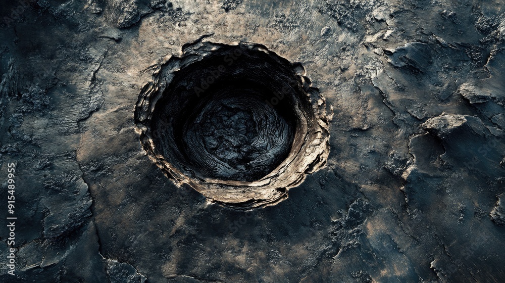 Top view of a volcanic caldera with a series of concentric craters and ...