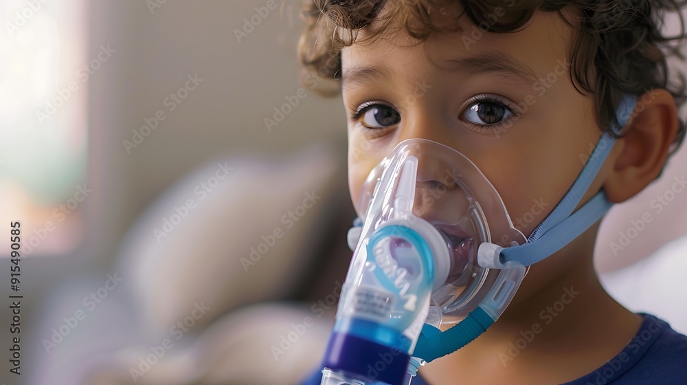 Little kid making inhalation with nebulizer at hospital. Decreasing ...