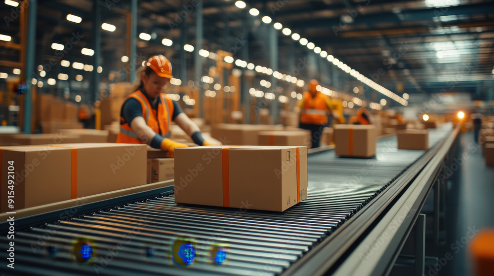 Human-driven logistics operation with workers packing parcels by hand ...