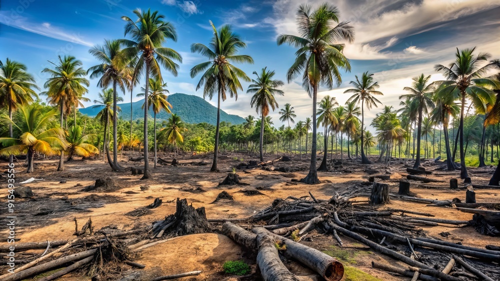 Charred remains of coconut trees stand amidst burned and deforested ...