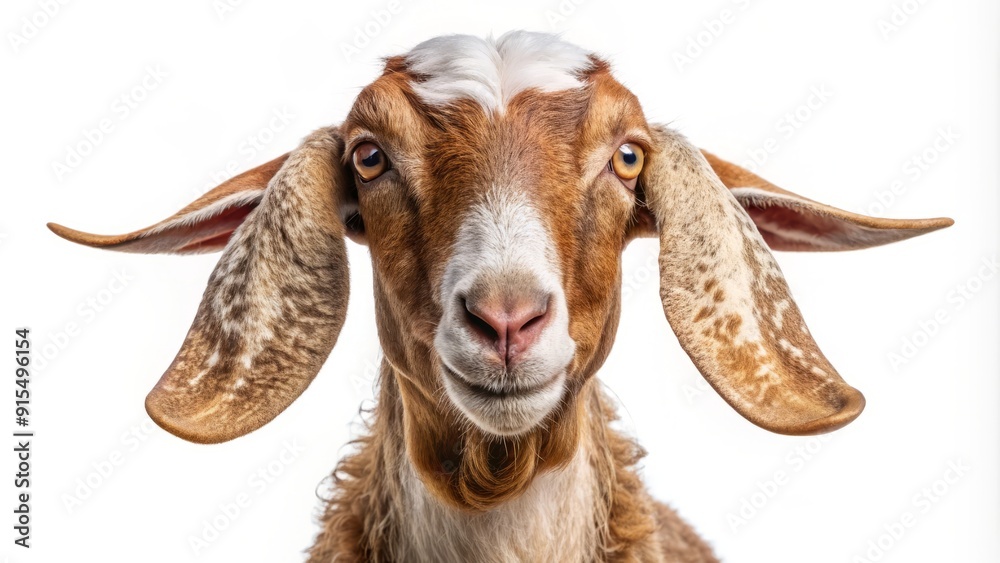 Curly-horned Anglo-Nubian goat with a friendly expression and floppy ...