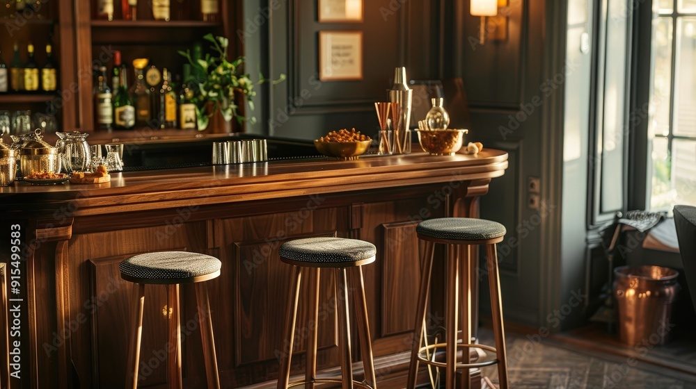 A sophisticated bar table with a few high stools, set with cocktail ...