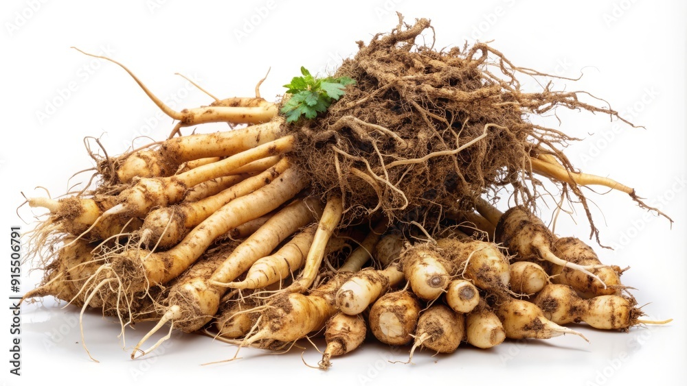 Freshly harvested Cichorium intybus roots with varying sizes and shapes ...
