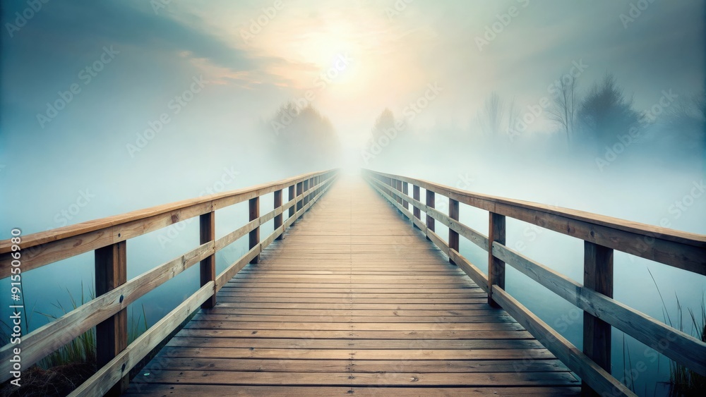 Ethereal wooden bridge disappearing into dense fog , Solitude, mysterious, atmospheric, misty ...