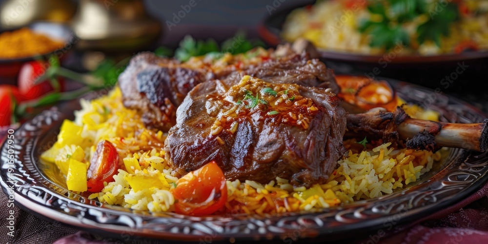 Slow Roasted Lamb Meat with Saffron Rice and Vegetables on Dinner Table ...