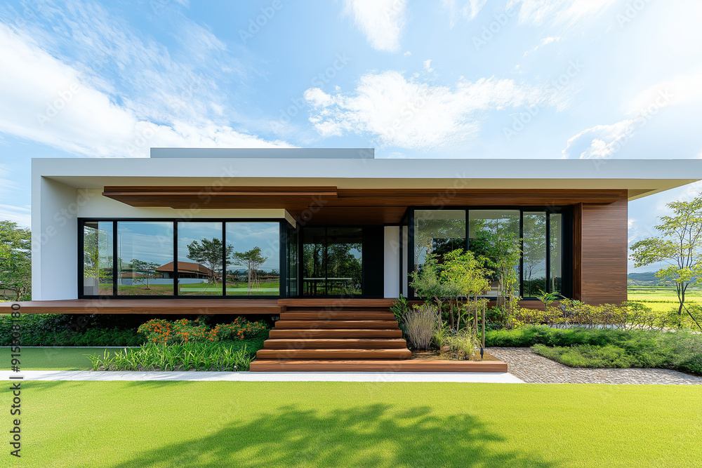 modern one-story house with an open floor plan, featuring two large ...